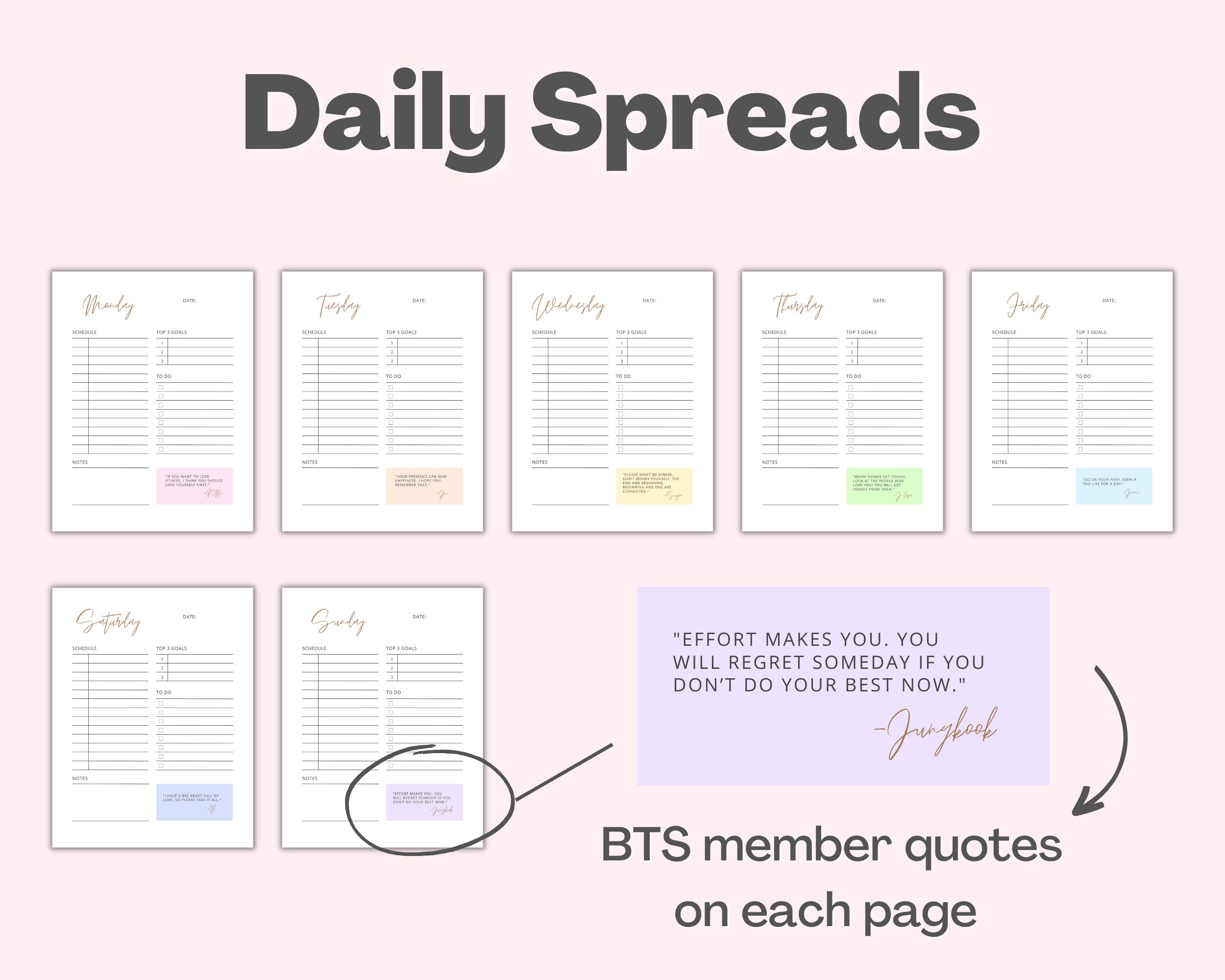 BTS Planner BTS Quotes BTS Lyrics Monthly Calendar Weekly Daily Planner ...