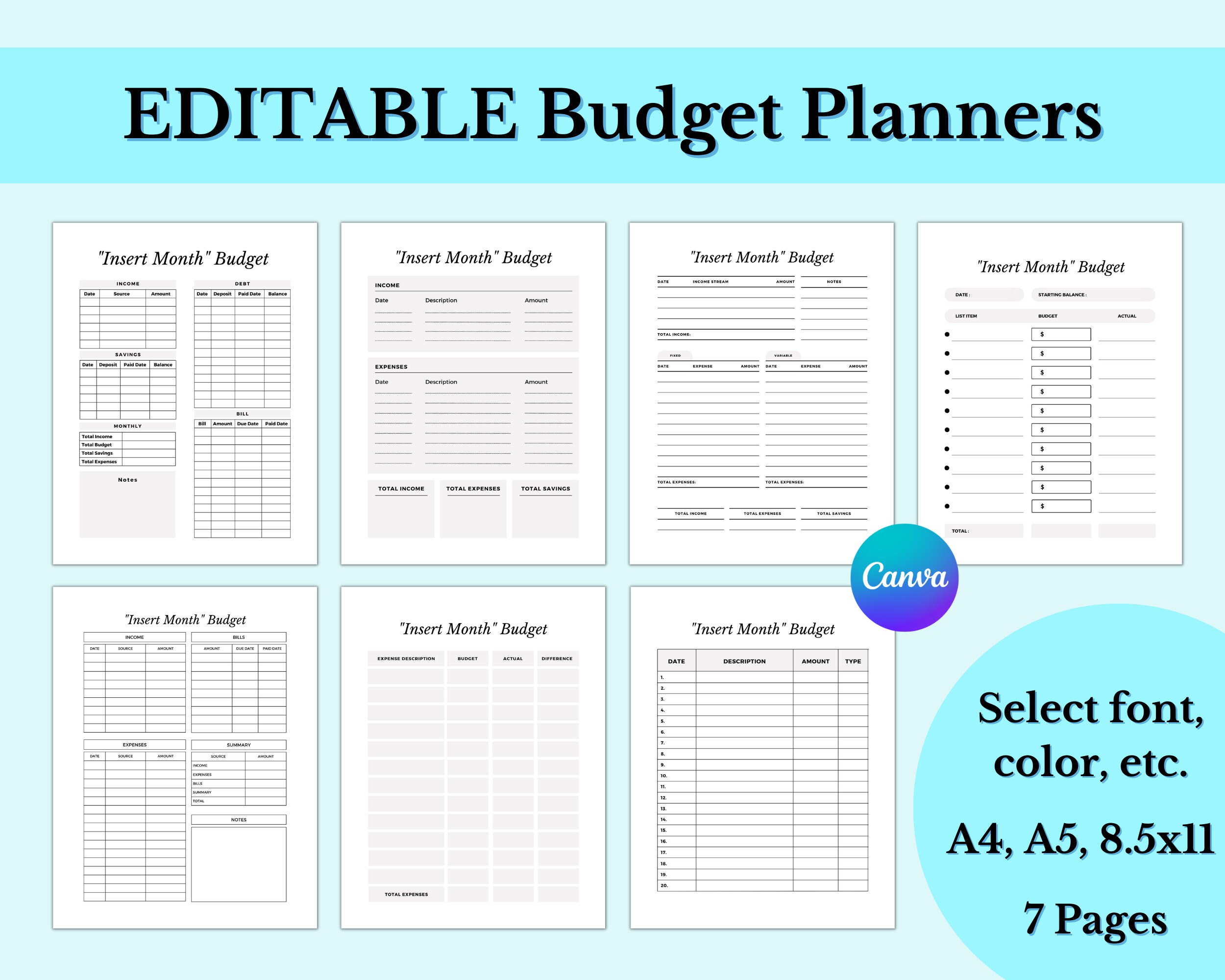 EDITABLE Budget Planner Budget Tracker Monthly Budget Template A4, A5 ...