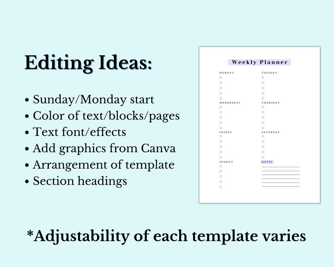 EDITABLE Weekly Planner Template Canva Template Digital Printable ...