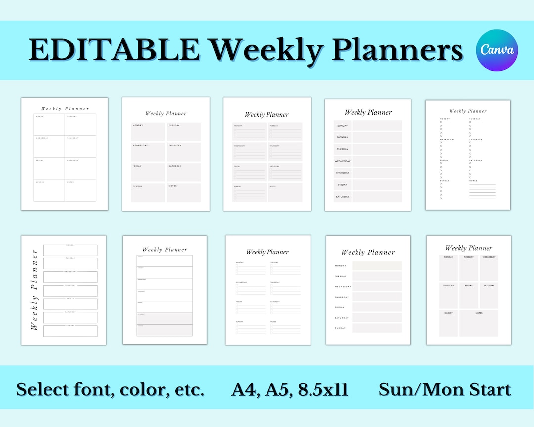 EDITABLE Weekly Planner Template Canva Template Digital Printable ...
