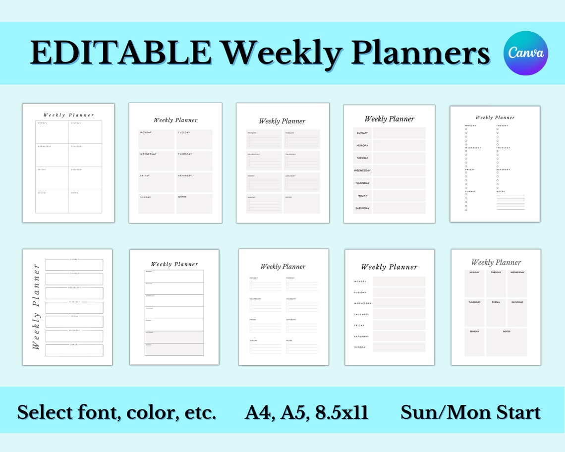 EDITABLE Weekly Planner Template Canva Template Digital Printable ...