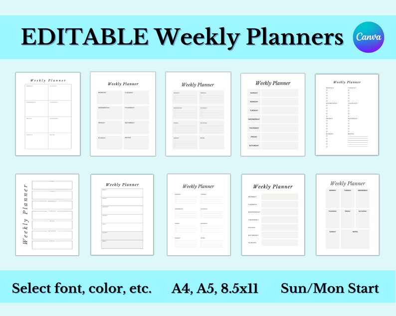 EDITABLE Weekly Planner Template Canva Template Digital Printable ...