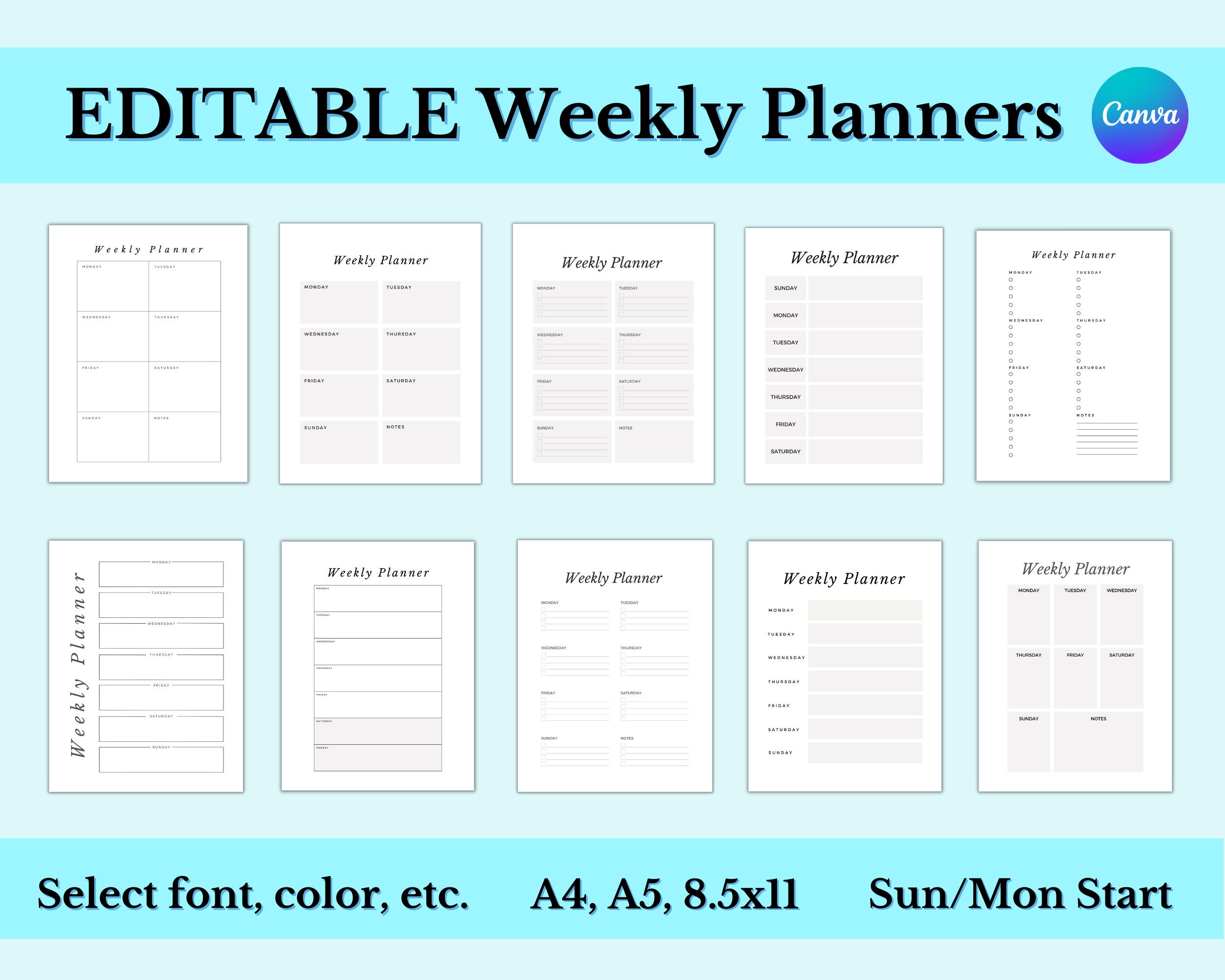 EDITABLE Weekly Planner Template Canva Template Digital Printable ...