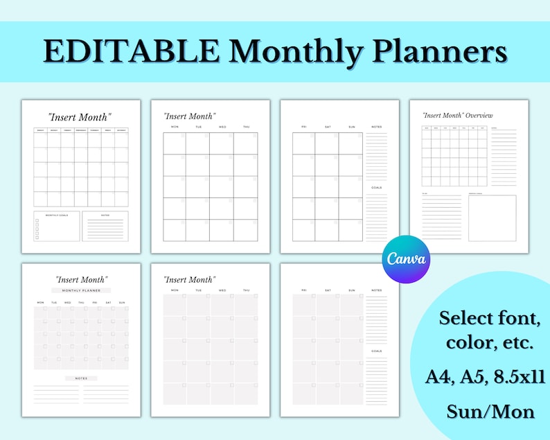 EDITABLE Calendar Planner Template Canva Template Digital Printable ...