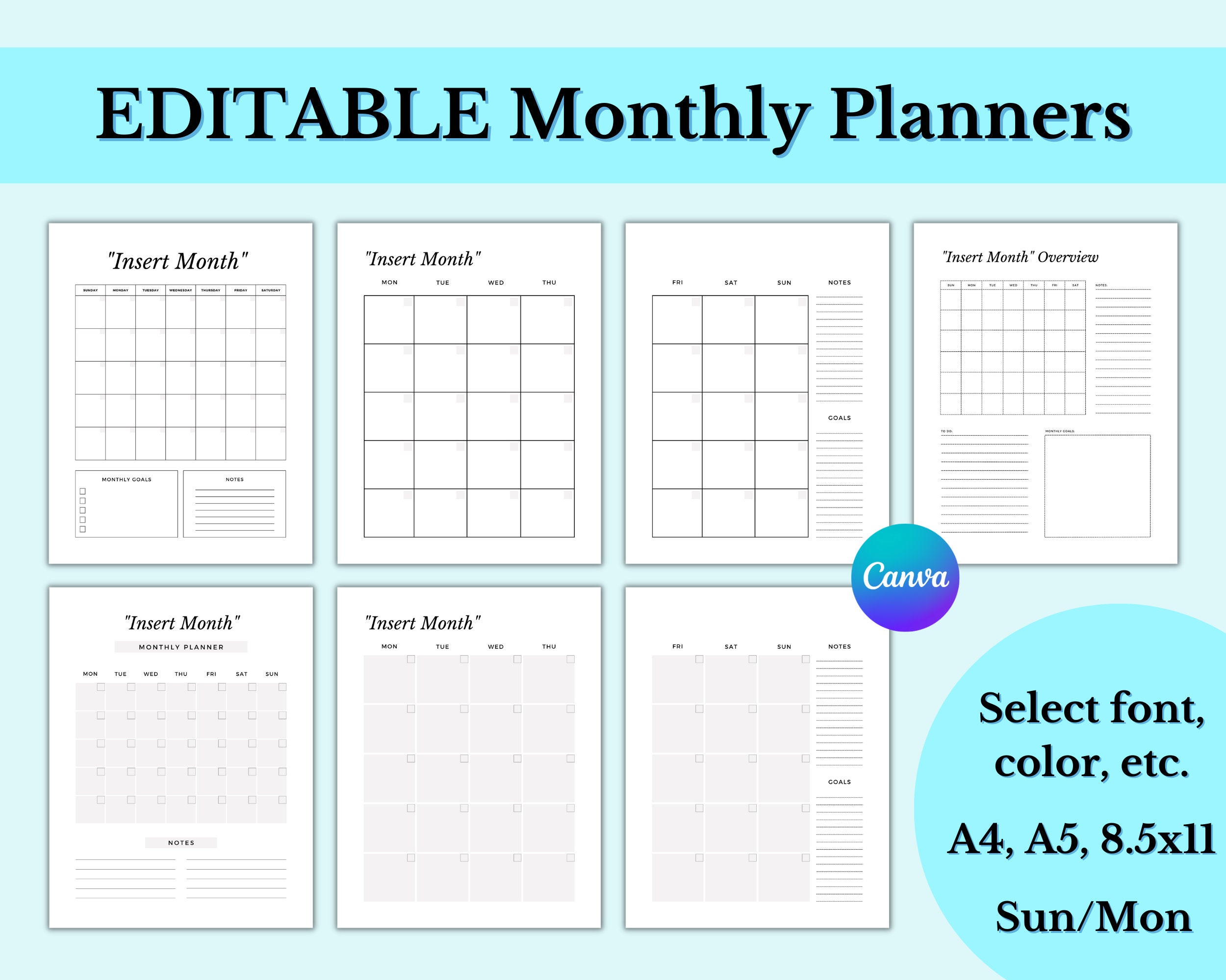 EDITABLE Calendar Planner Template Canva Template Digital Printable ...