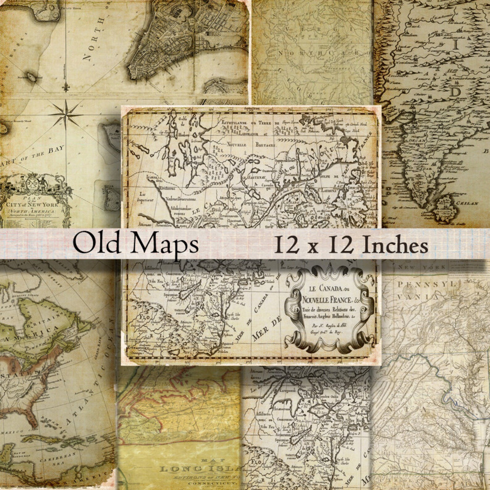 Old Maps Digital Paper Pack Grunge Digital Scrapbook Paper Map 12 X 12 ...