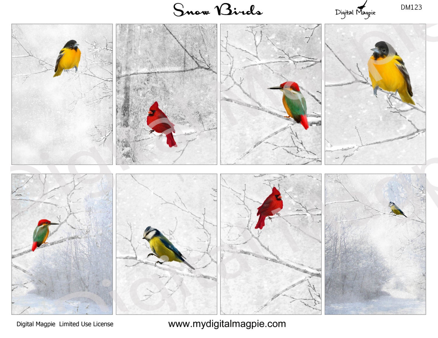 Digital Collage Printable ATC Bird Tags Background Winter Images Snow ...