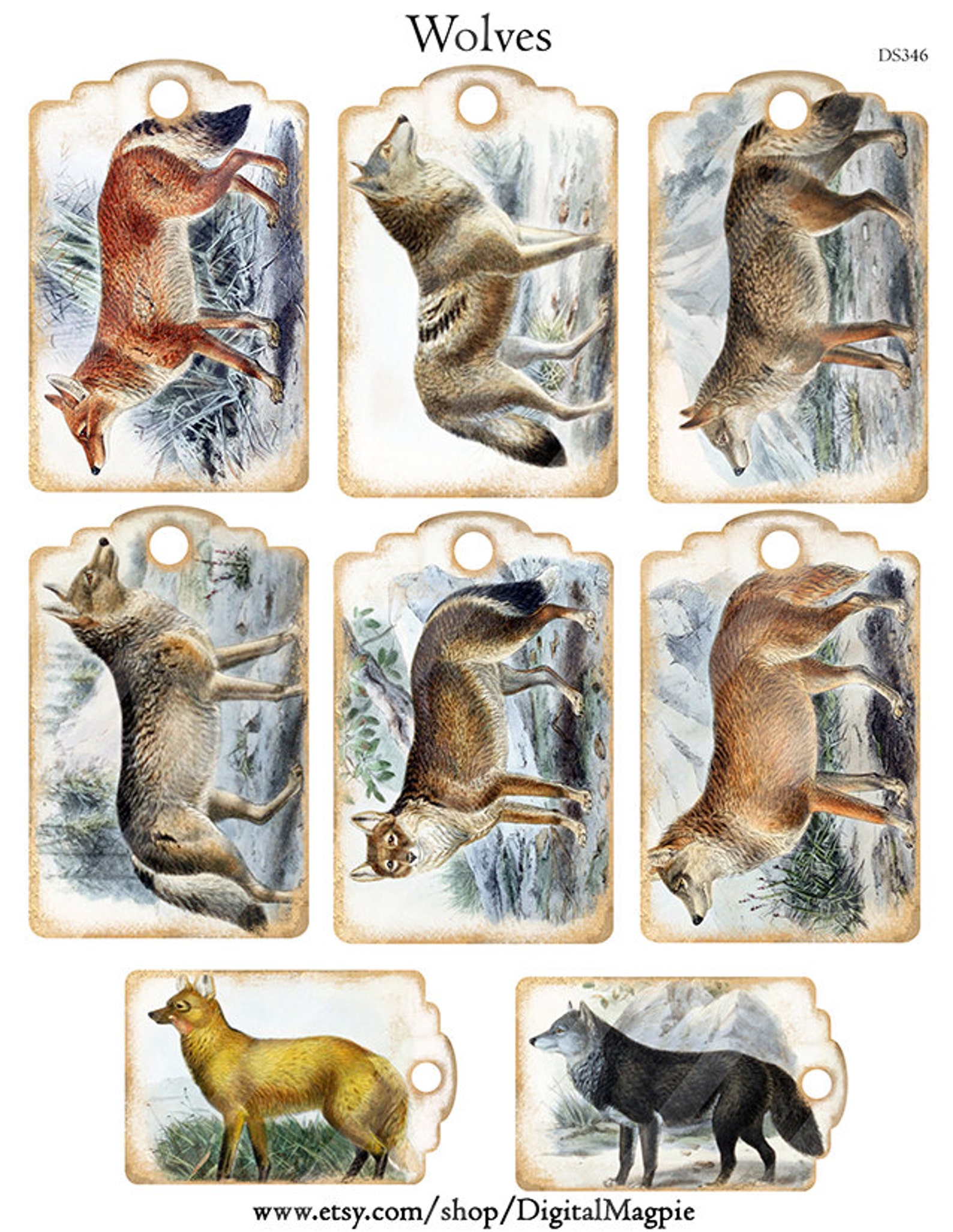 Wolves Printable Tags Digital Download Vintage Wolf Aged | Etsy