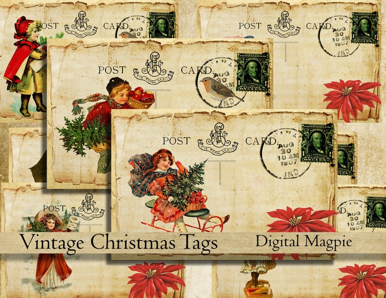 Vintage Christmas Tags Postcards Digital Collage Sheet Instant Download ...