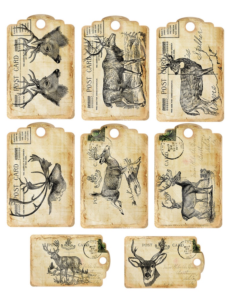 Deer Gift Tags Collage Sheet Vintage Antique Paper Printable | Etsy