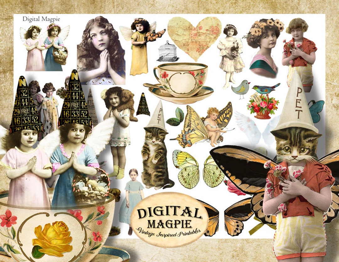 Kids Paper Doll Collage Sheet Vintage Children Angels Wings Digital ...