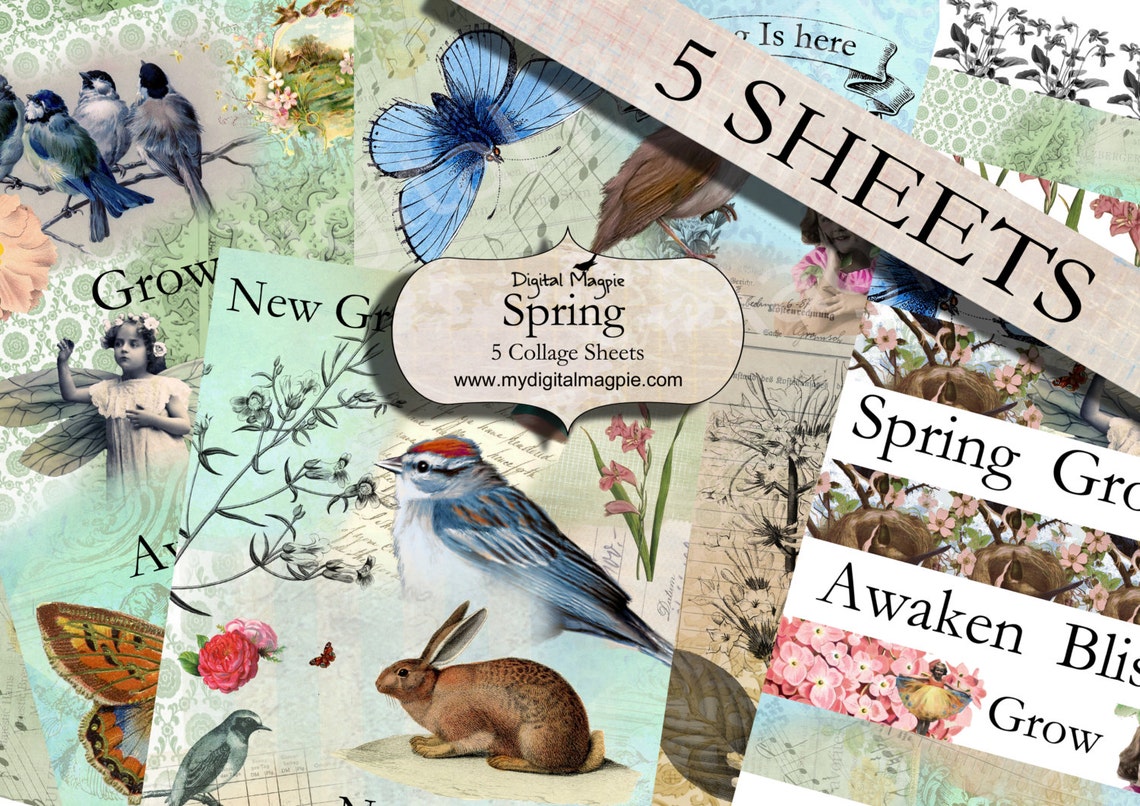 5 Spring Digital Collage Sheets for Art Journals Scrapbooks - Etsy
