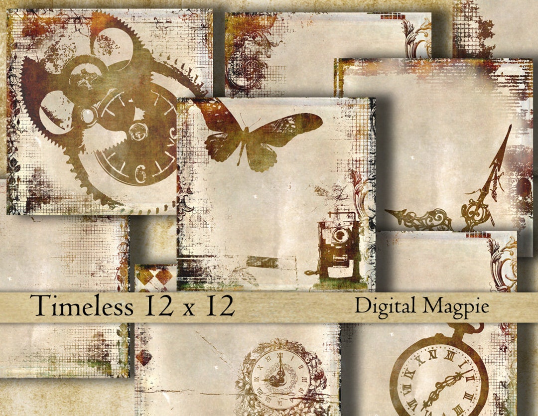 Digital Paper Pack Vintage Clocks Scrapbook Paper Time Textured Aged ...