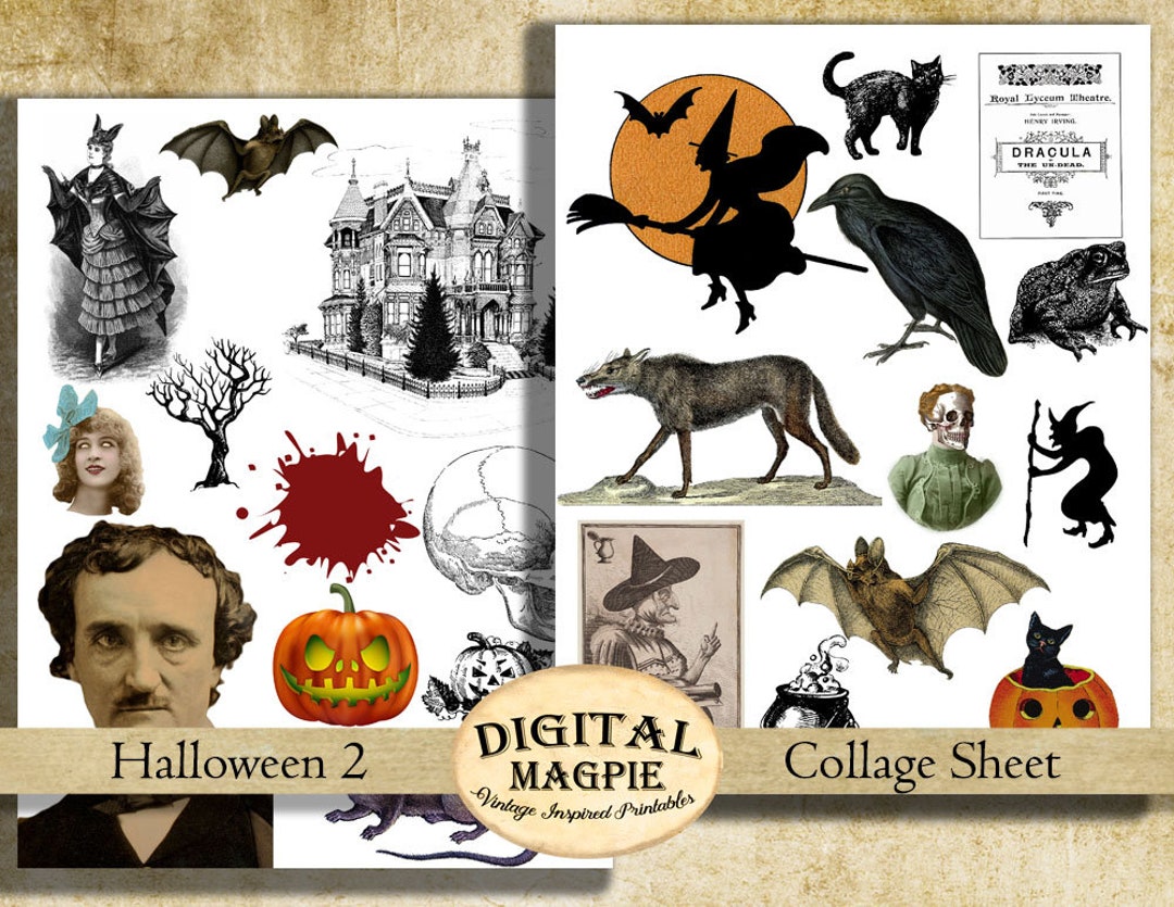 Halloween Digital Collage Sheet Clipart Graphics Witch Skeleton Pumpkin ...