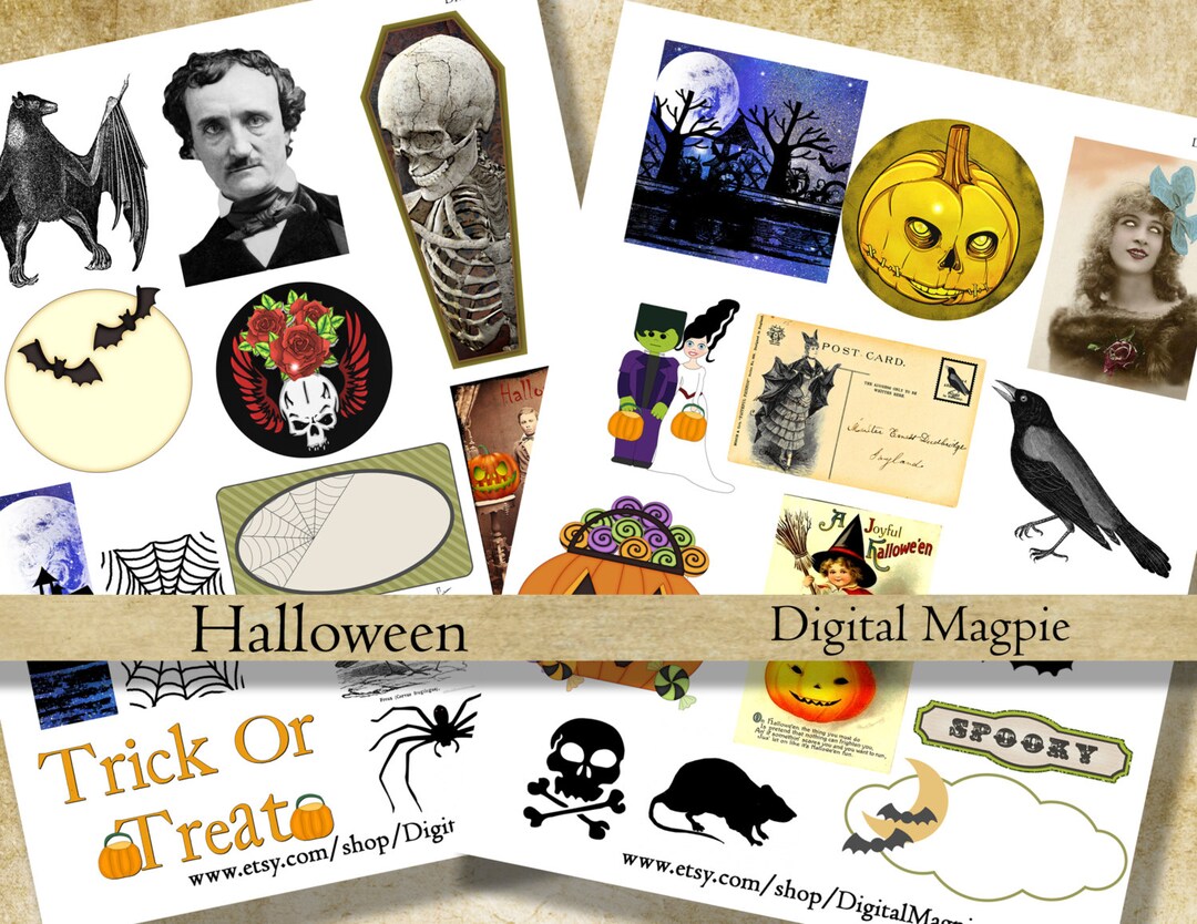 Halloween Digital Collage Sheet Clipart Graphics Poe Skeleton Pumpkin ...