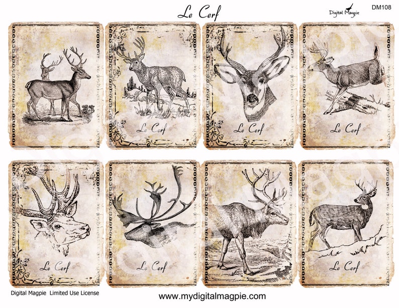 Digital Download Shabby Printable Deer Tag ATC 2.5 X 3.5 Inch Vintage ...
