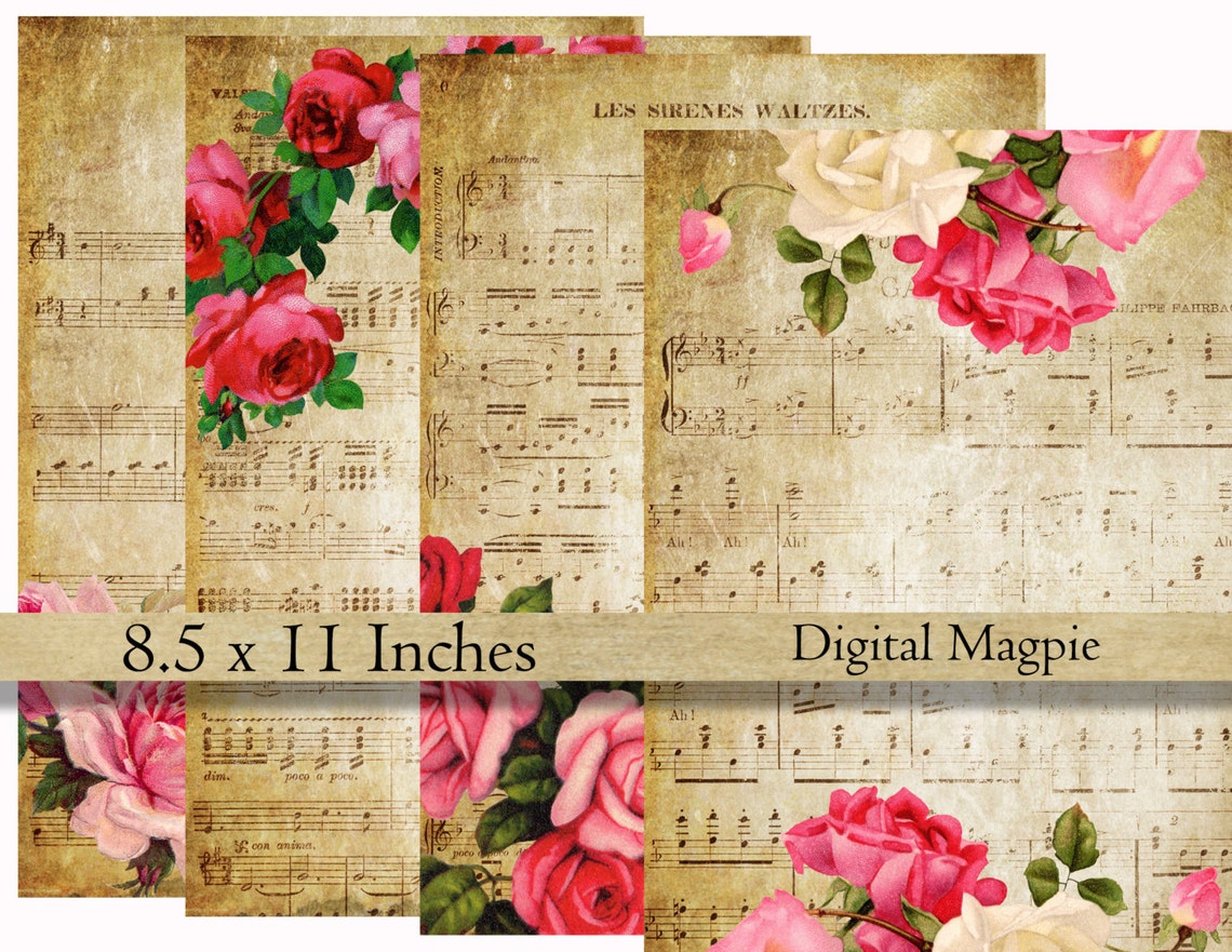 Antique French Floral Sheet Music Digital Paper Pack Printable | Etsy