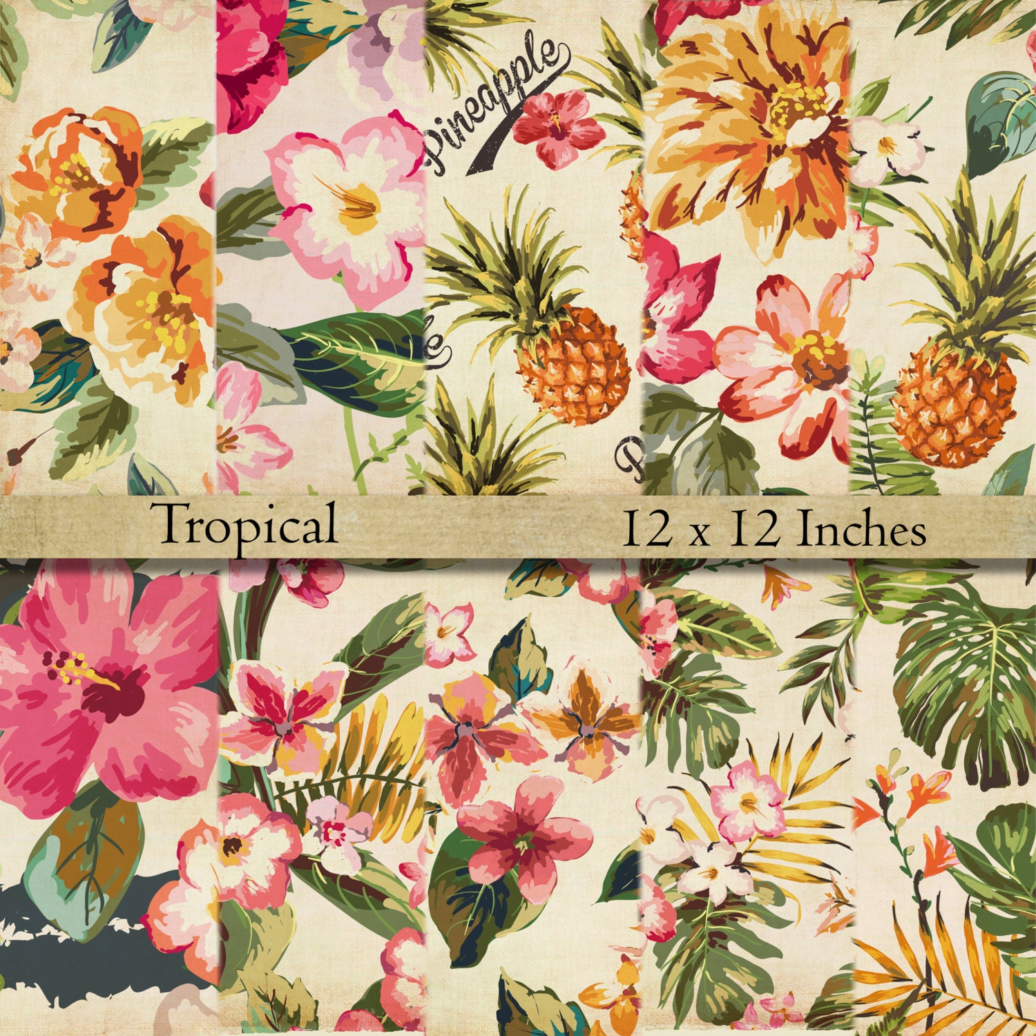 Tropical flowers digital scrapbook paper vintage retro floral | Etsy