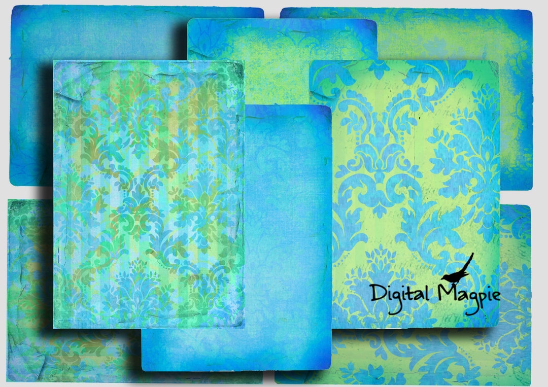 Digital Collage Sheet - Blue Green Damask Vintage Paper Background ...