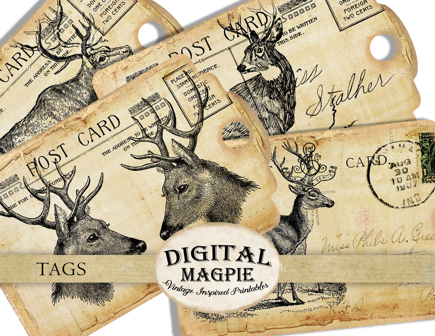 Deer Gift Tags Collage Sheet Vintage Antique Paper Printable Scrapbook ...