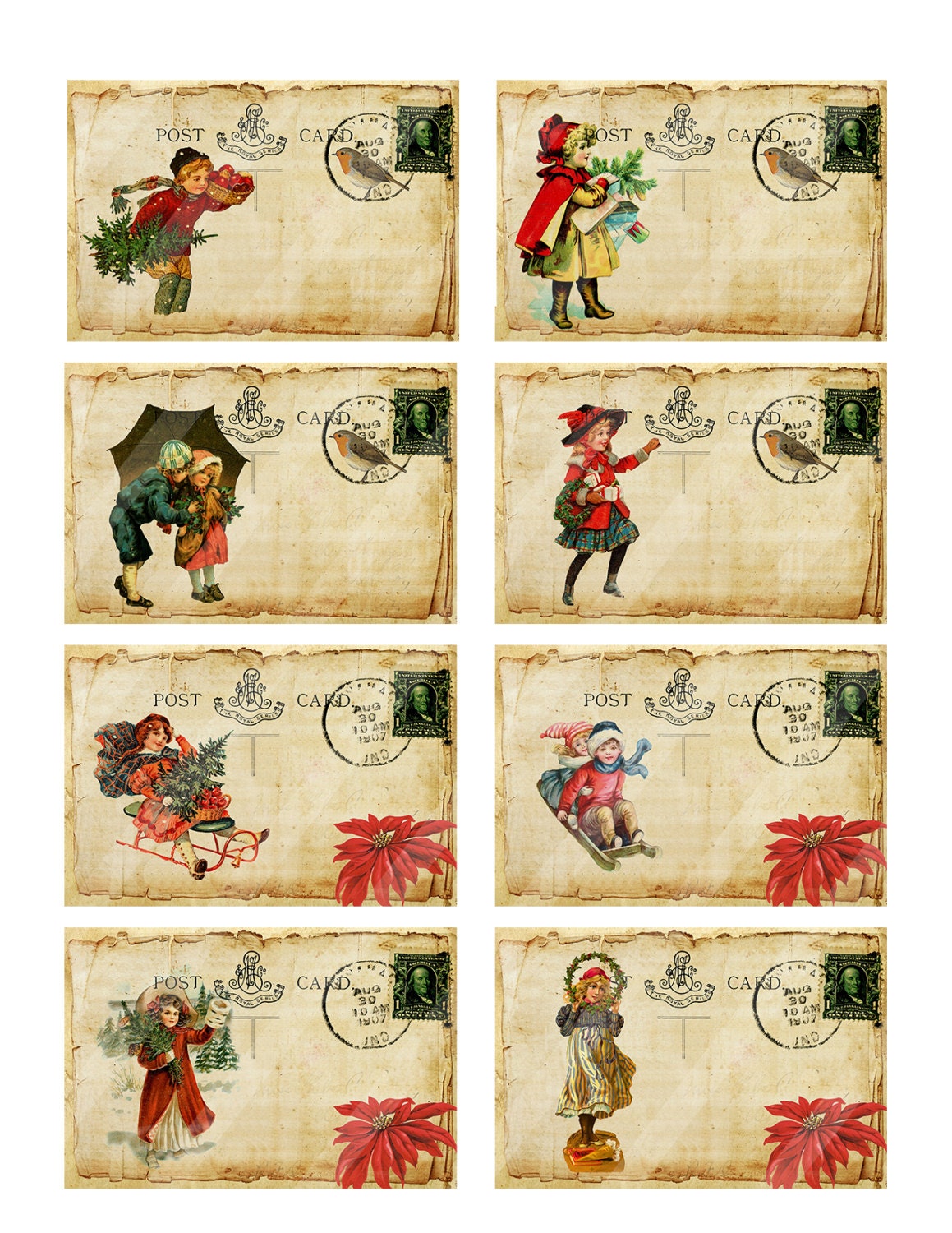 Vintage Christmas Tags Postcards Digital Collage Sheet Instant | Etsy