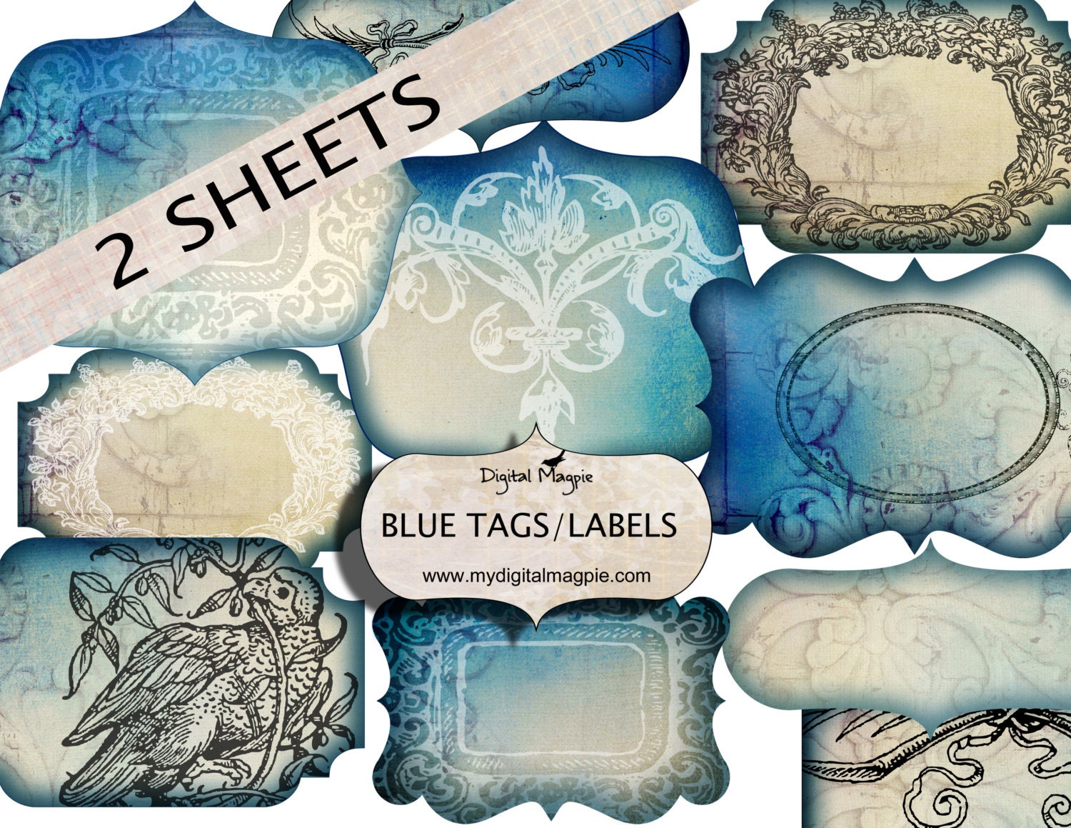 Digital collage sheet blank blue labels tags antique shabby | Etsy