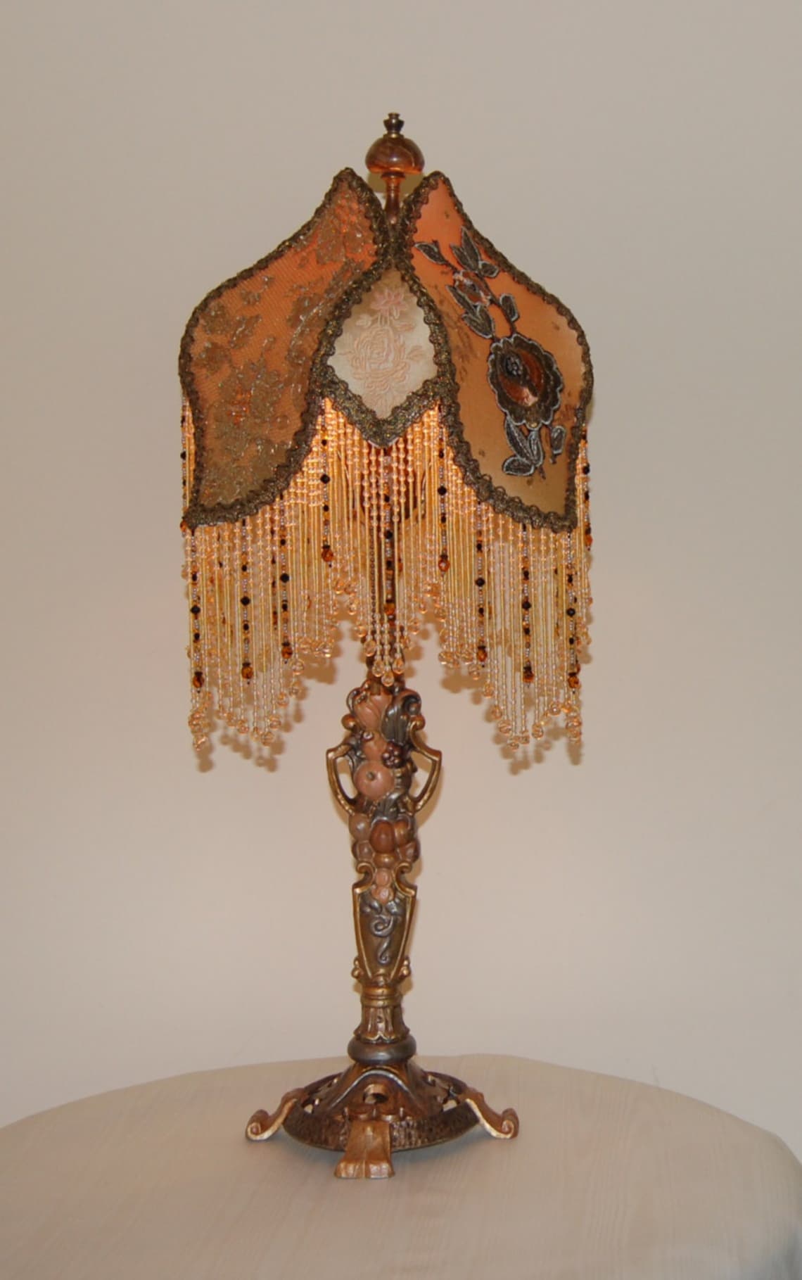 Antique Victorian Cast Iron Lamp With Hand Sewn and Hand Beaded Shade ...