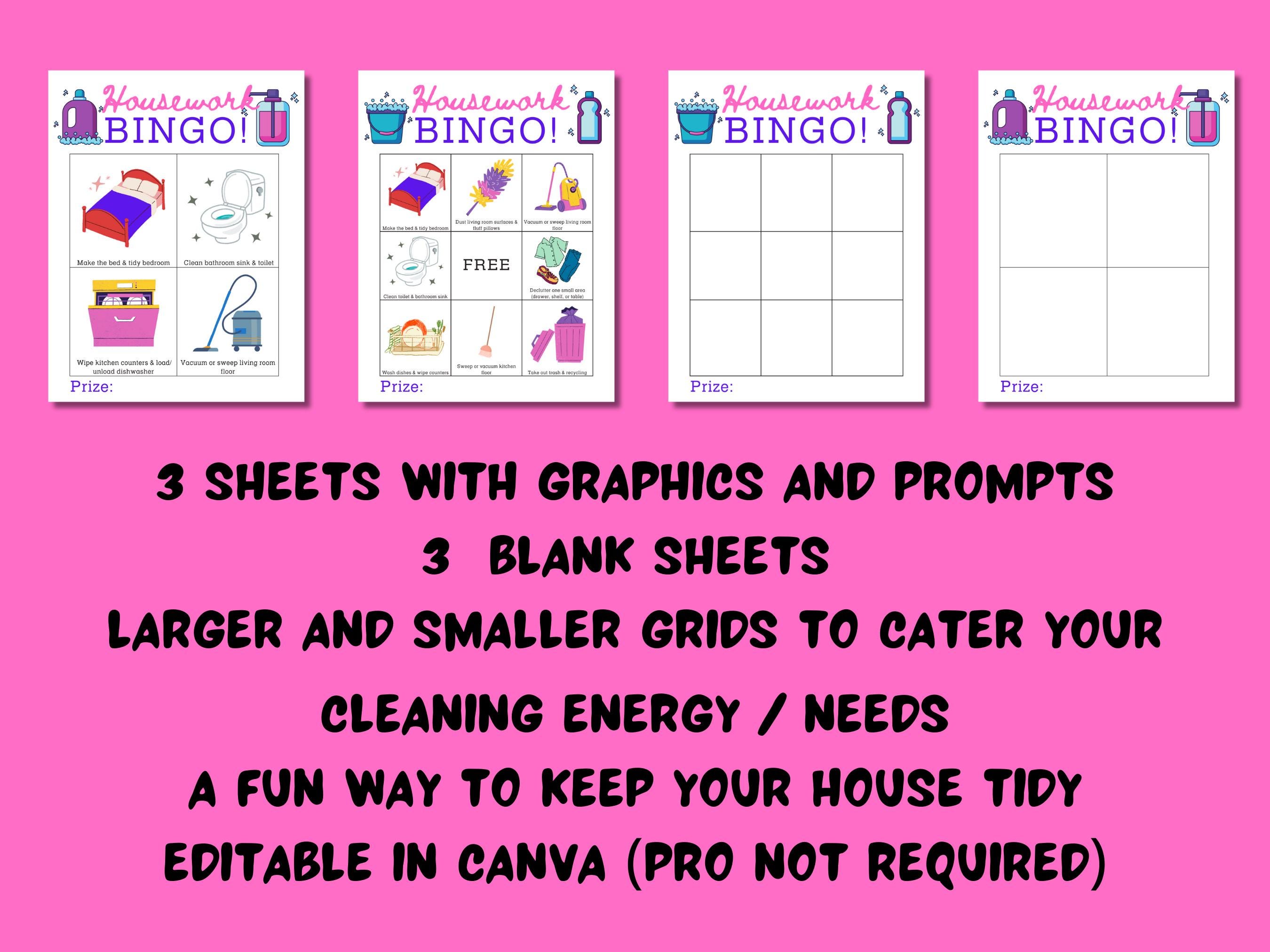 Housework Bingo Cards | Printable Cleaning Game | Editable Canva ...