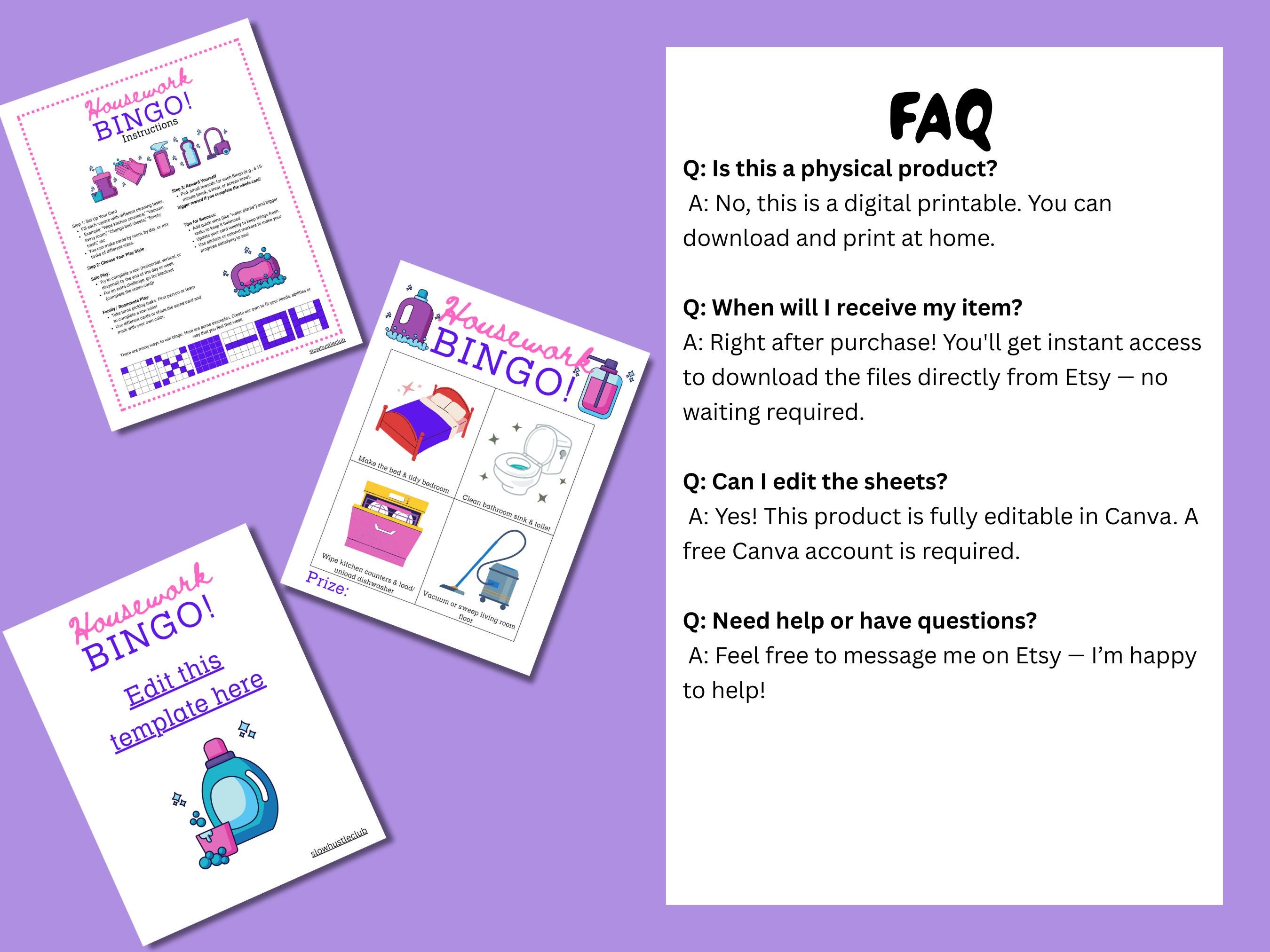 Housework Bingo Cards | Printable Cleaning Game | Editable Canva ...