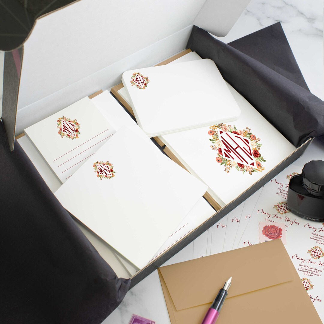 Letter Writing Kit of Monogrammed Stationary for Women, Custom Gift Box ...