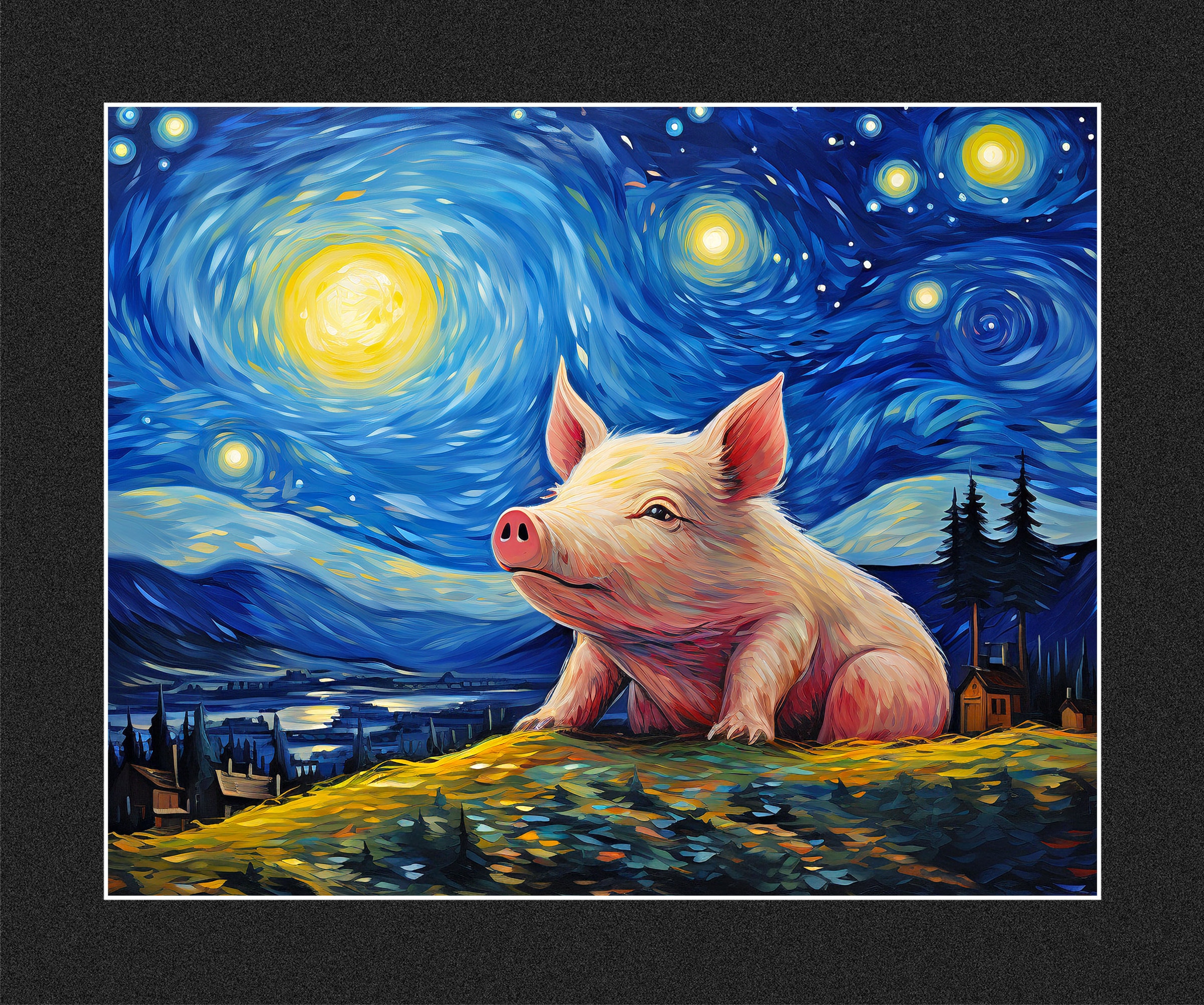 Pig Wall Art Print, Starry Night, Van Gogh Style, Gift for Pig Lover ...