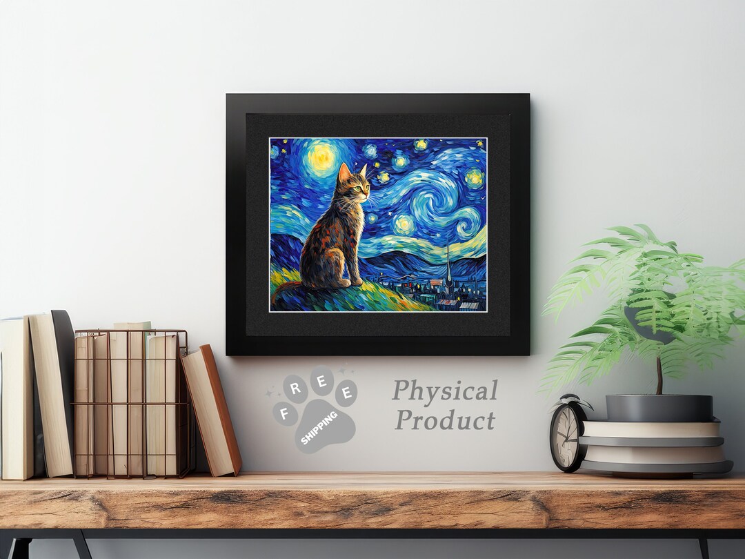 Vincent Van Gogh Starry Night Tabby Cat Framed Wall Art, 11x14 and ...