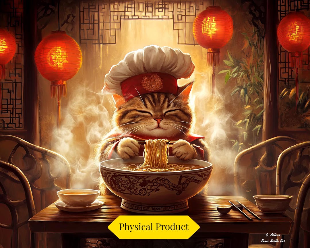 Ramen Noodle Cat Art Print, Cute Chef Cat Illustration, Japanese ...