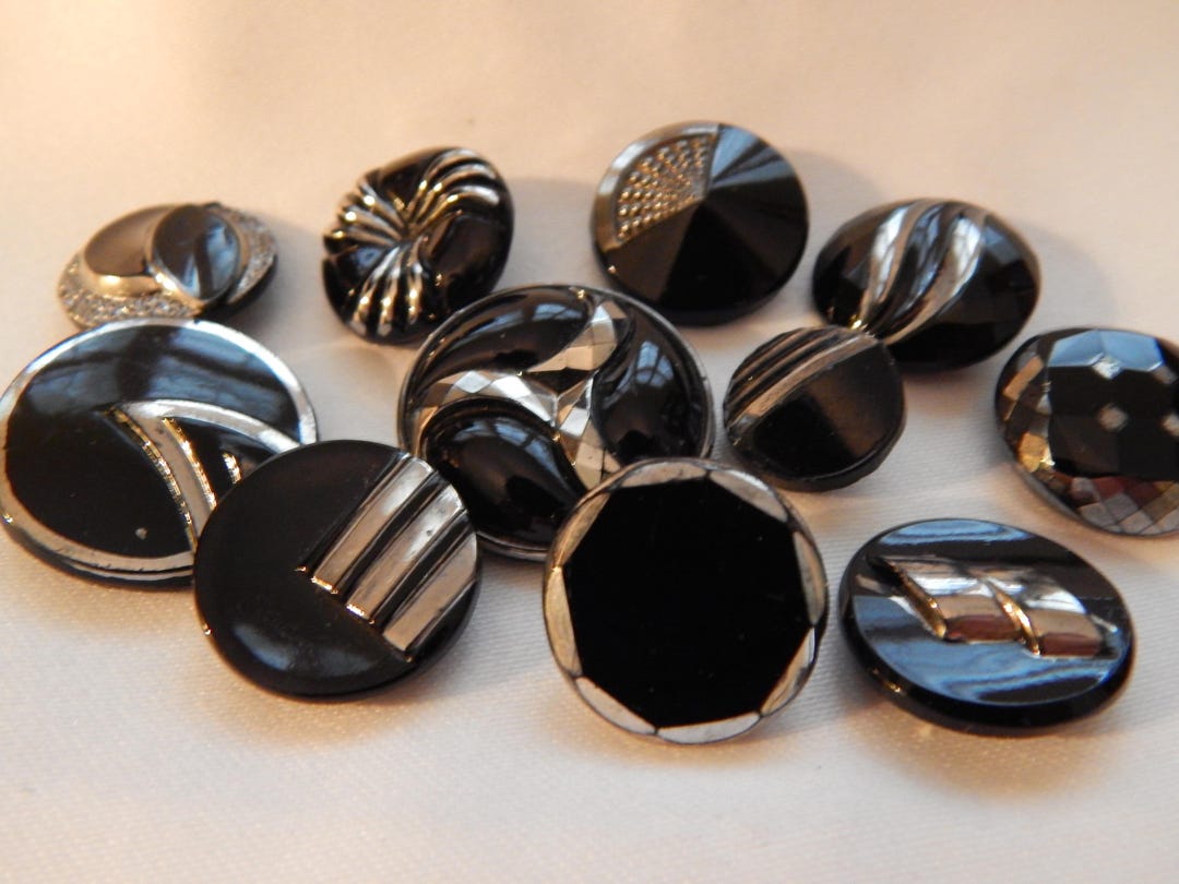 Art Deco Design Black Glass Buttons With Silver Luster - 11 Different ...