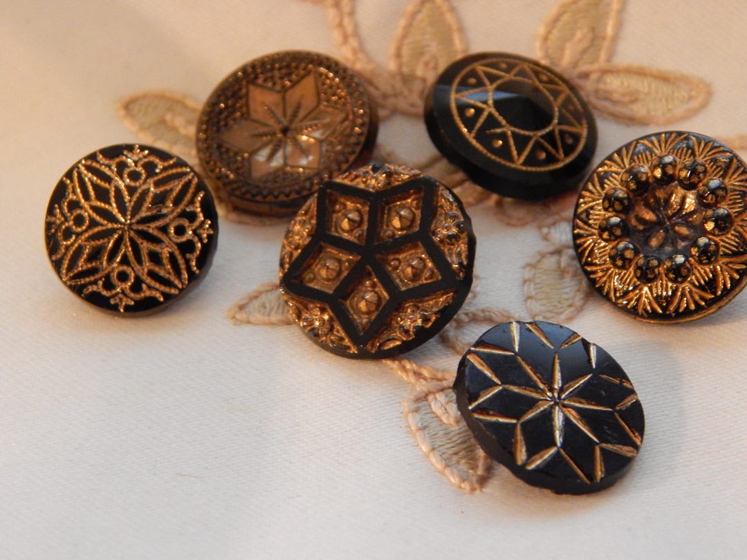 Black Glass Buttons - 6 With Star Patterns With Gold Luster - Etsy