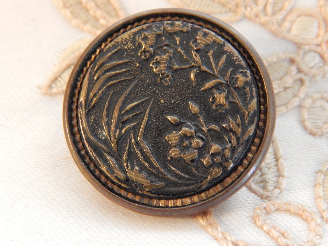 Floral Antique Brass Picture Button With Dark Tint Applied - Etsy