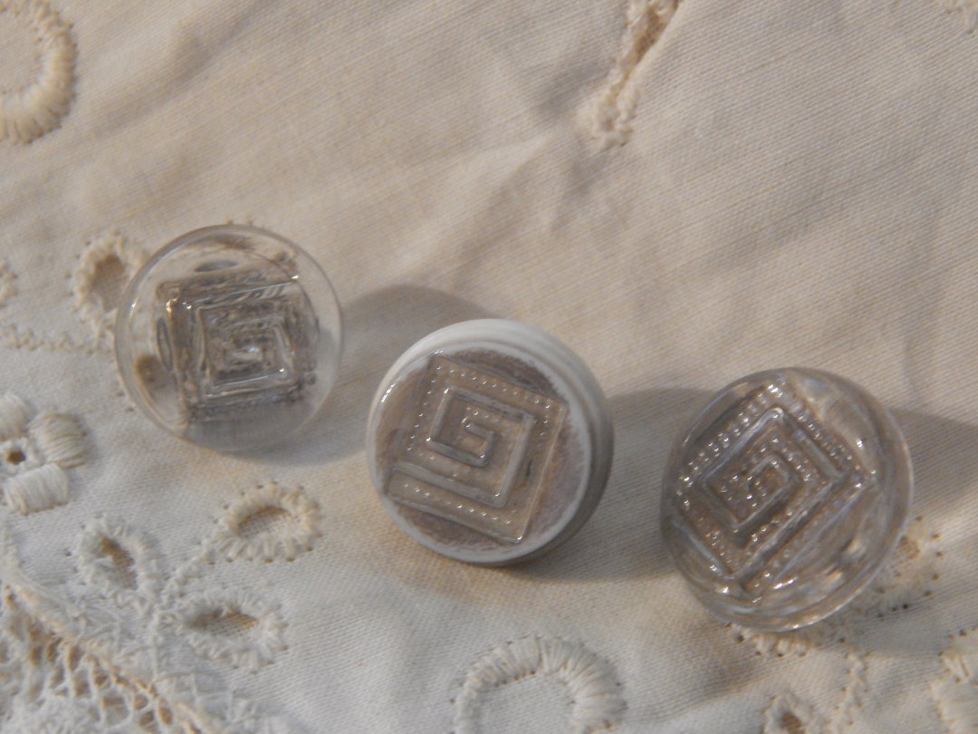 Greek Key Design With Silver Luster - 3 Swirlback Buttons - Milk Glass ...