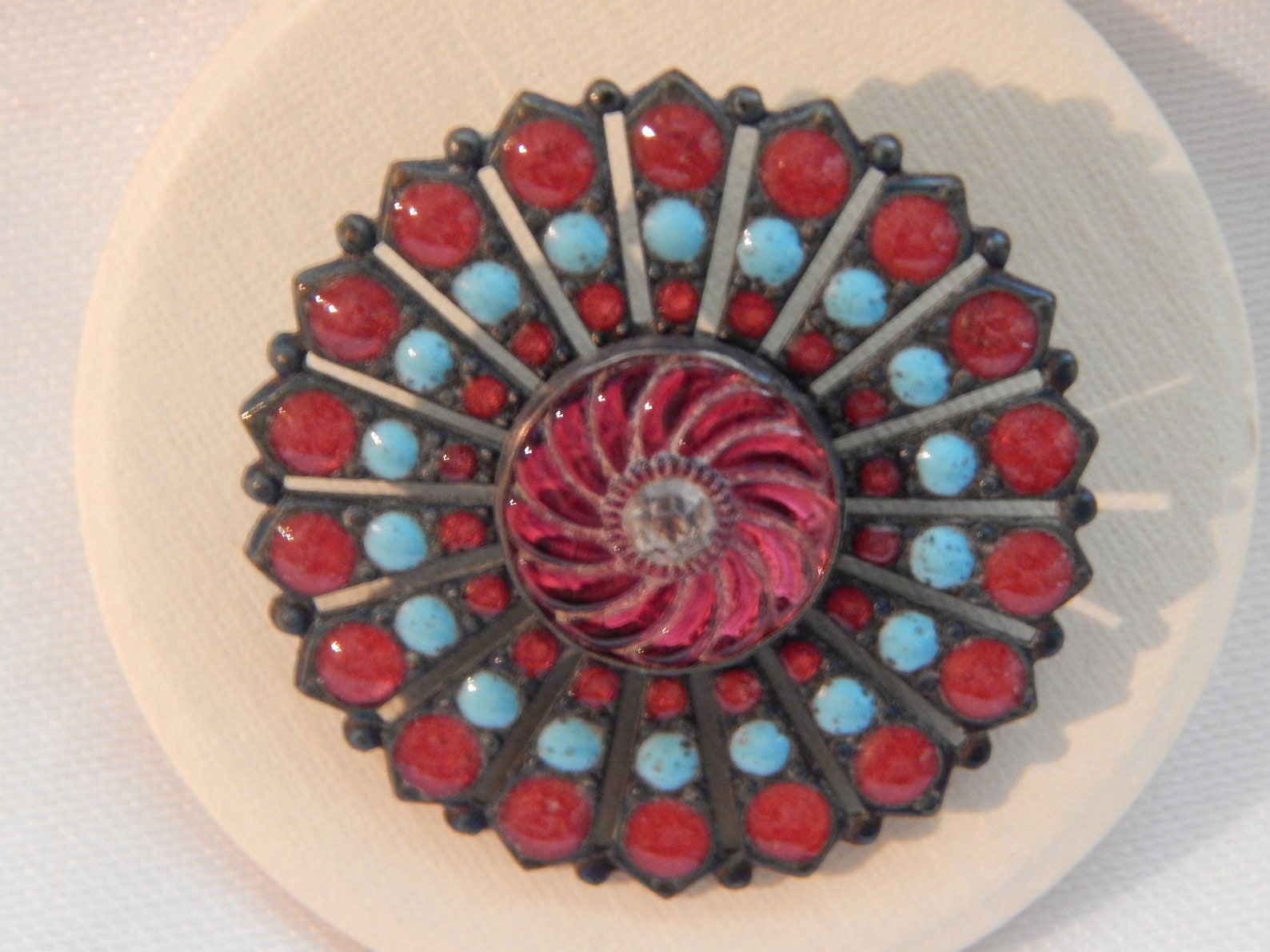 Red and Turquoise Enamel with Red Glass Center Antique | Etsy