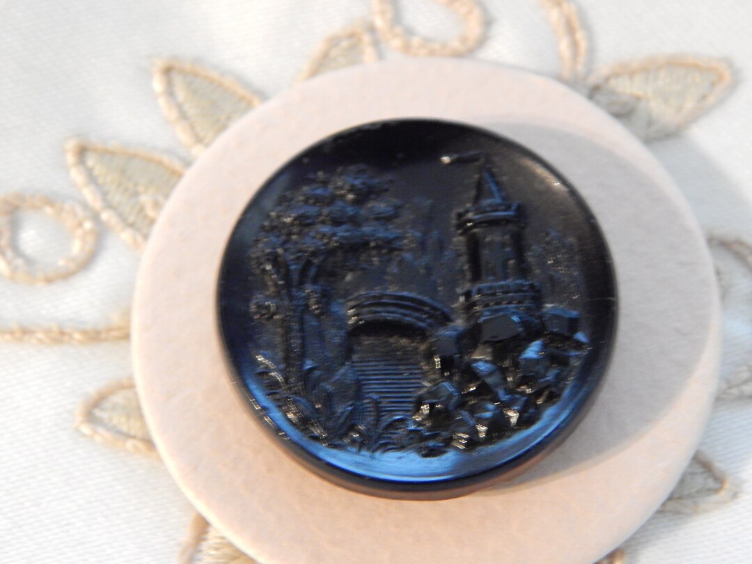 Patent Applied for Back Mark Antique Black Glass Button With a Castle ...