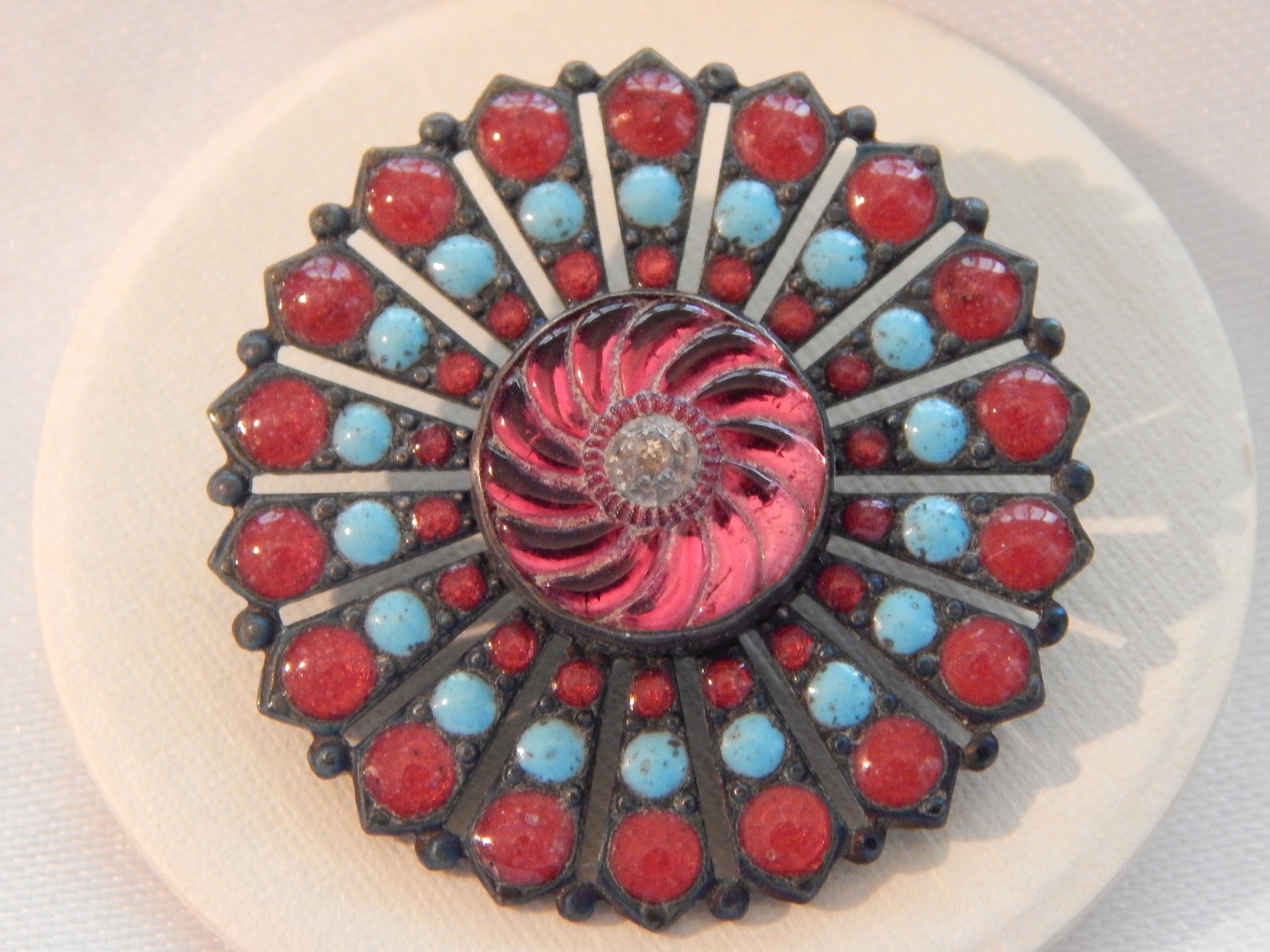 Red and Turquoise Enamel with Red Glass Center Antique | Etsy