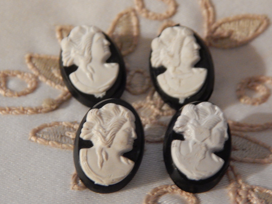 Plastic Cameo Type Buttons - 4 Same Design - White Woman Profile on an ...