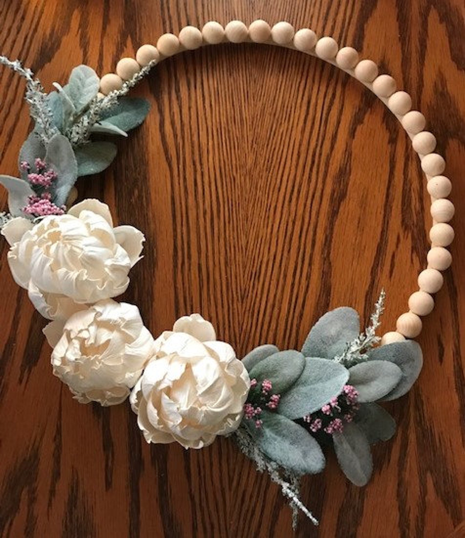 Wood Bead Wreath, Split Wood Ball Wreath, Farmhouse Wreath, Peonies and ...