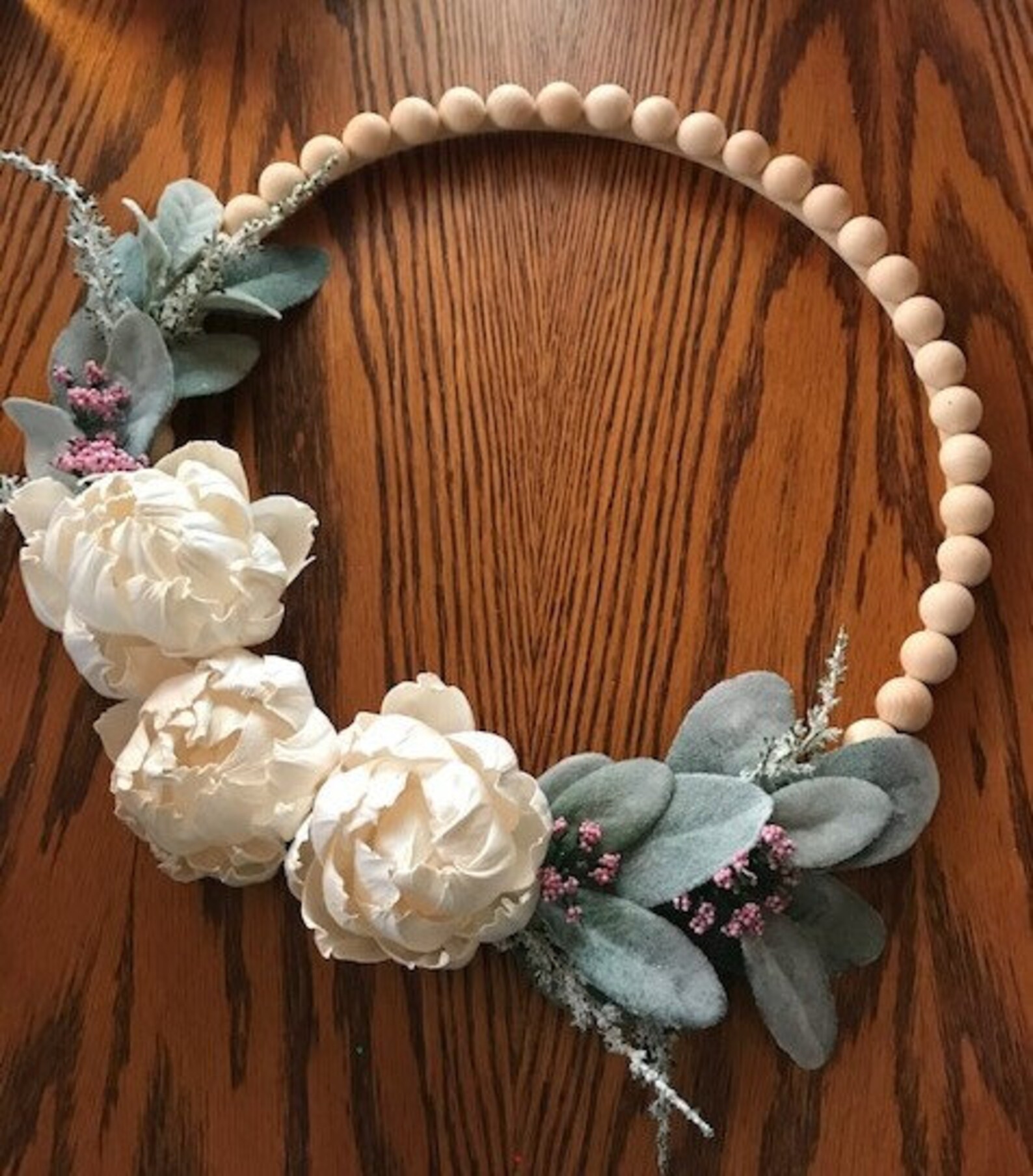 Wood Bead Wreath, Split Wood Ball Wreath, Farmhouse Wreath, Peonies and ...