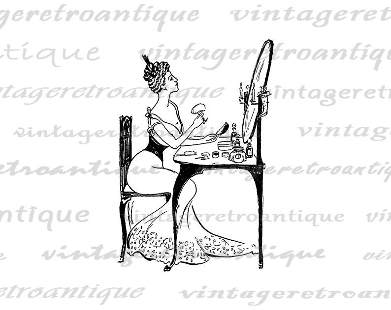 Digital Graphic Girl at Makeup Vanity Download Printable Illustration ...