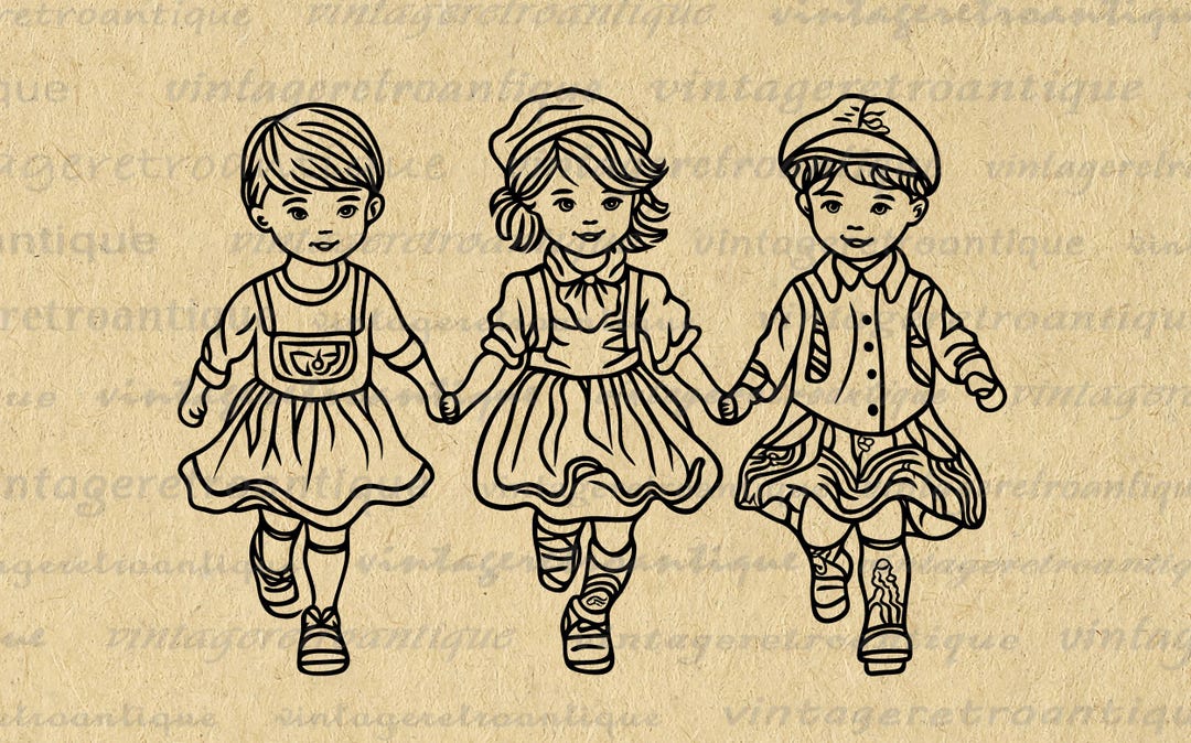Vintage Children Holding Hands Line Art Printable - Retro Kids ...