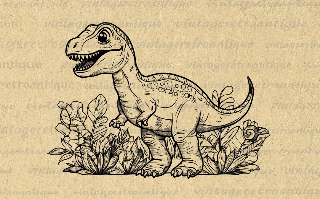 Adorable Dinosaur Line Art Printable - Cute Jurassic Illustration PNG ...