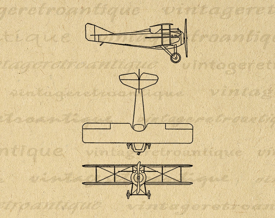 Airplane Diagram Printable Image Top Side Front View Digital Biplane ...