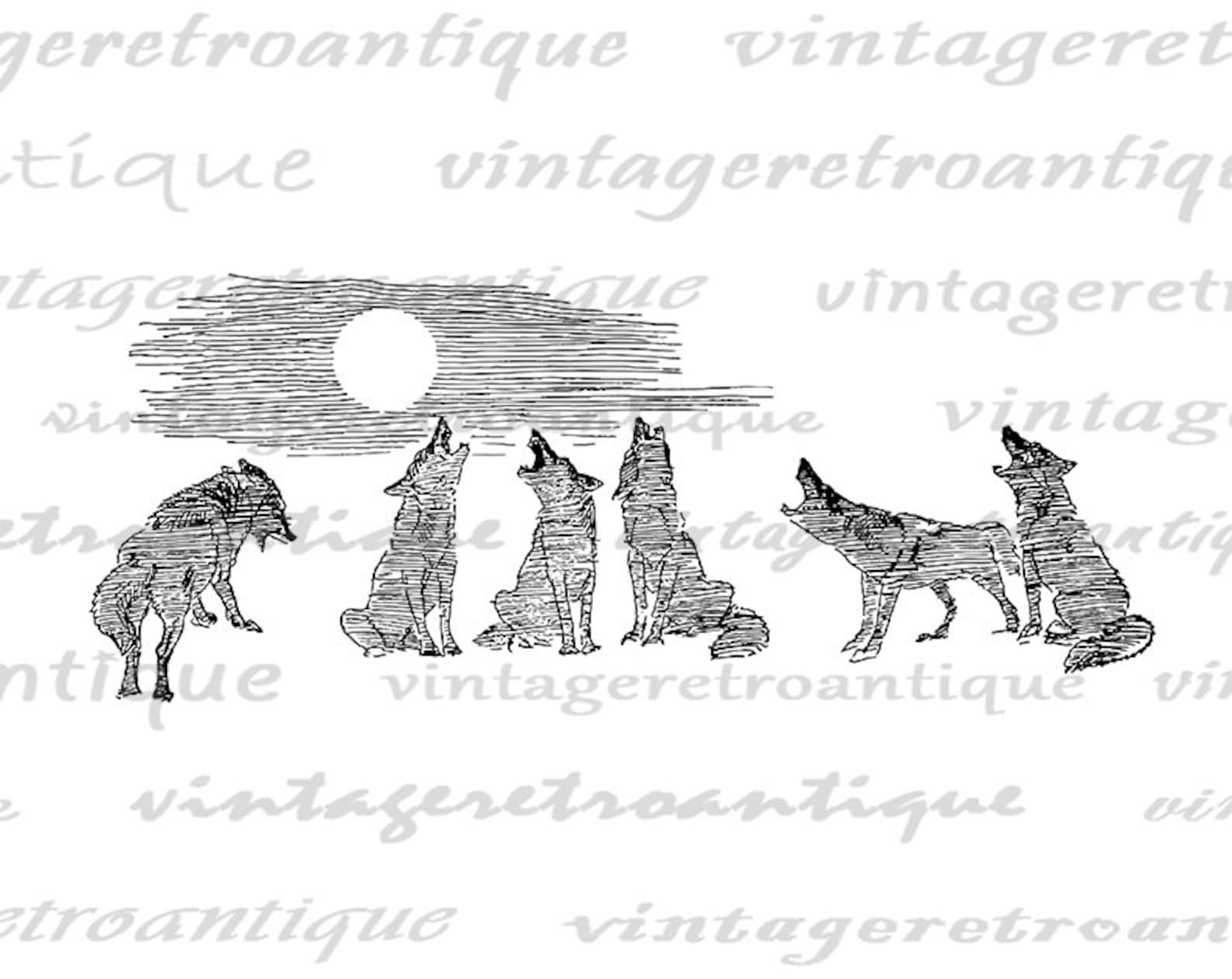 Wolves Howling at the Moon Printable Graphic Image Wolf - Etsy