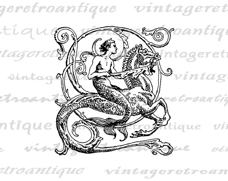 Printable Graphic Merman and Seahorse Antique Ocean Art Illustration ...