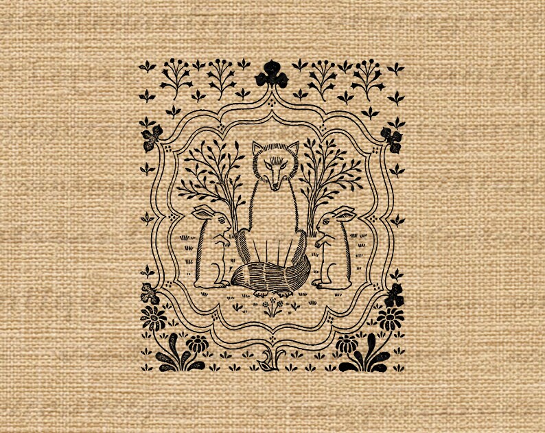 Printable Ornate Fox and Rabbits Digital Image Cute Bunny Fox - Etsy